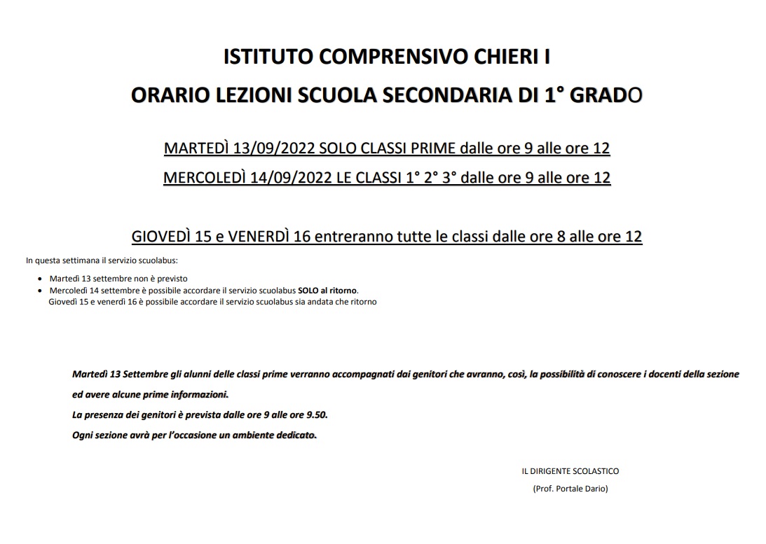 Orari Primaria e Secondaria 2022 – Istituto Comprensivo Chieri 1